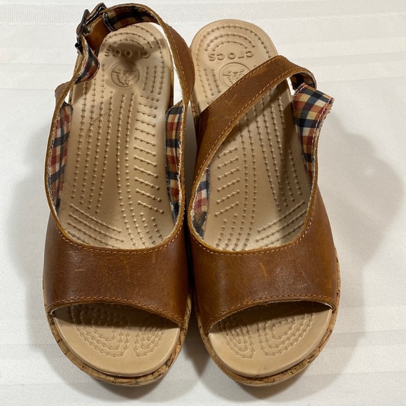 CROCS | Shoes | Crocs Cork Platform Wedge And Brown Leather Slingback ...